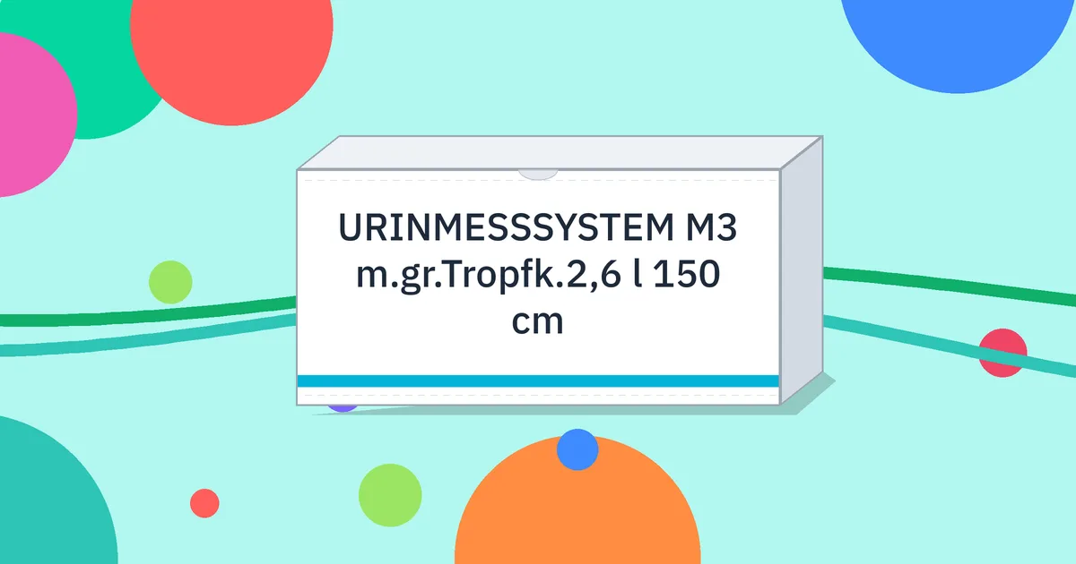 Symbolbild: Packung mit der Aufschrift URINMESSSYSTEM M3 m.gr.Tropfk.2,6 l 150 cm (PZN 07265569) – Verfügbarkeit und Bezug in Apotheken in Frankfurt am Main