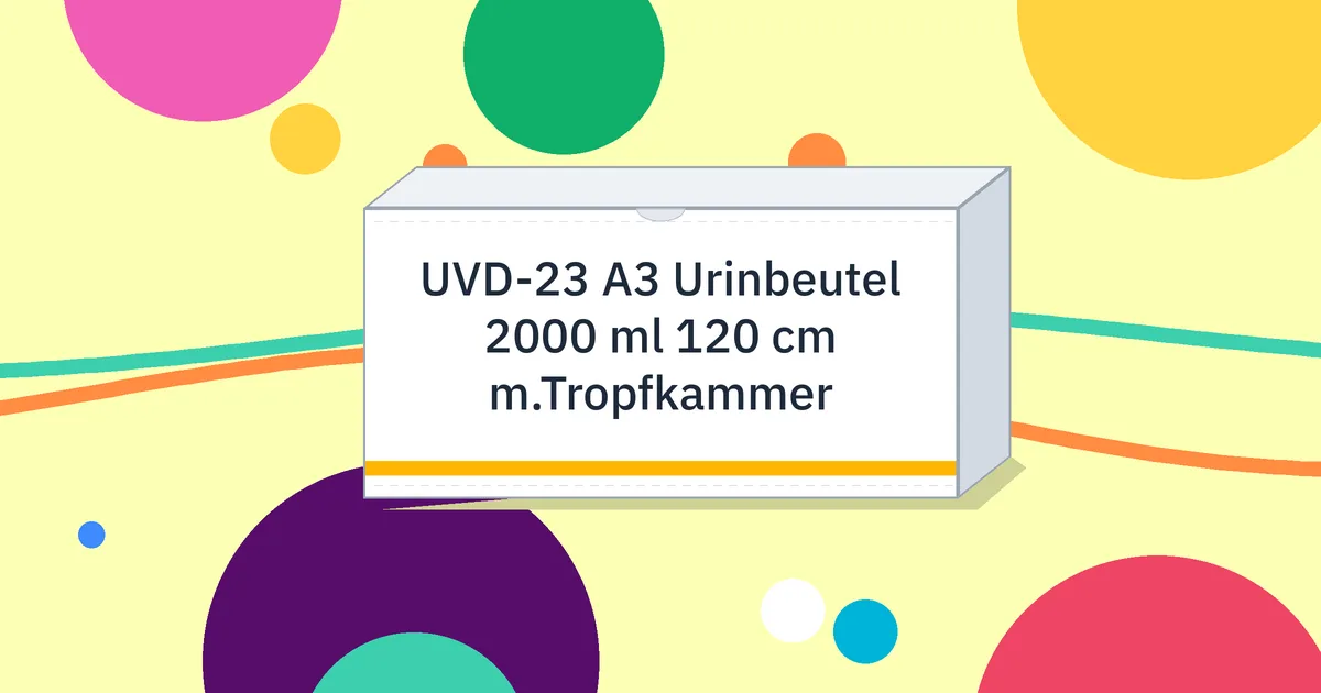 Symbolbild: Packung mit der Aufschrift UVD-23 A3 Urinbeutel 2000 ml 120 cm m.Tropfkammer (PZN 14267209) – Verfügbarkeit und Bezug in Apotheken in Frankfurt am Main