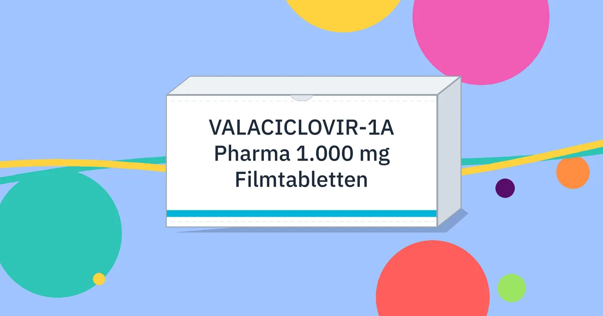 Symbolbild: Packung mit der Aufschrift VALACICLOVIR-1A Pharma 1.000 mg Filmtabletten (PZN 05486295) – Verfügbarkeit und Bezug in Apotheken in Frankfurt am Main