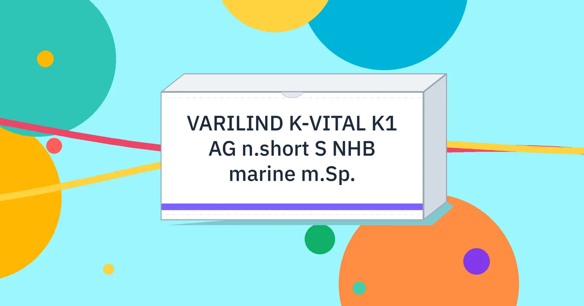 Symbolbild: Packung mit der Aufschrift VARILIND K-VITAL K1 AG n.short S NHB marine m.Sp. (PZN 20563018) – Verfügbarkeit und Bezug in Apotheken in Frankfurt am Main