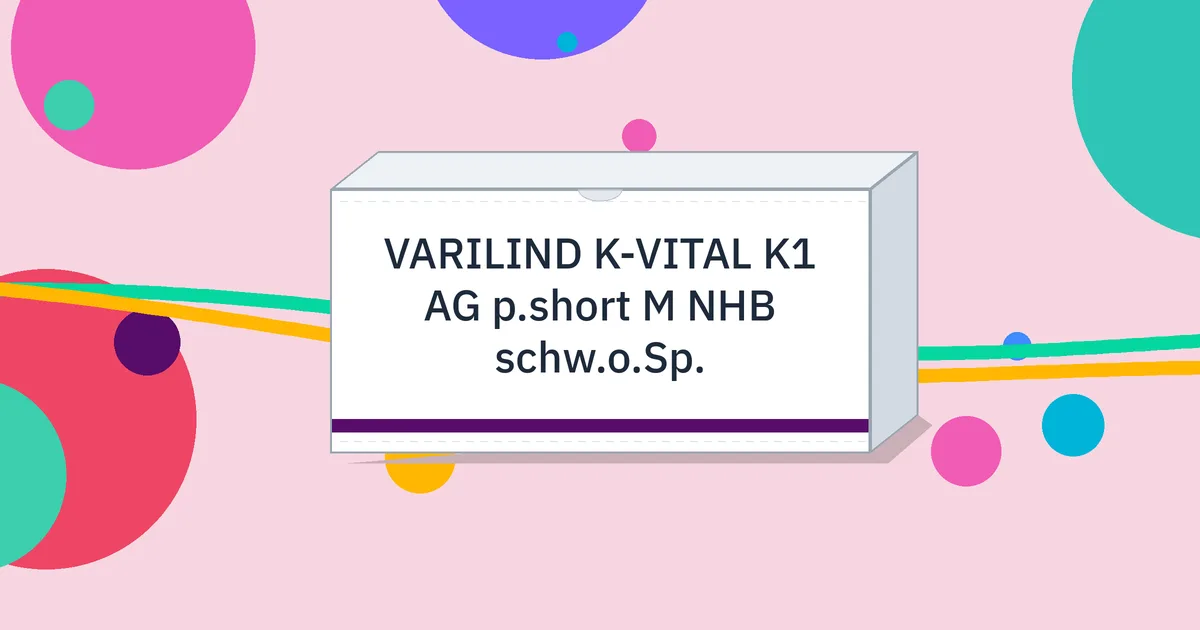 Symbolbild: Packung mit der Aufschrift VARILIND K-VITAL K1 AG p.short M NHB schw.o.Sp. (PZN 20563722) – Verfügbarkeit und Bezug in Apotheken in Frankfurt am Main