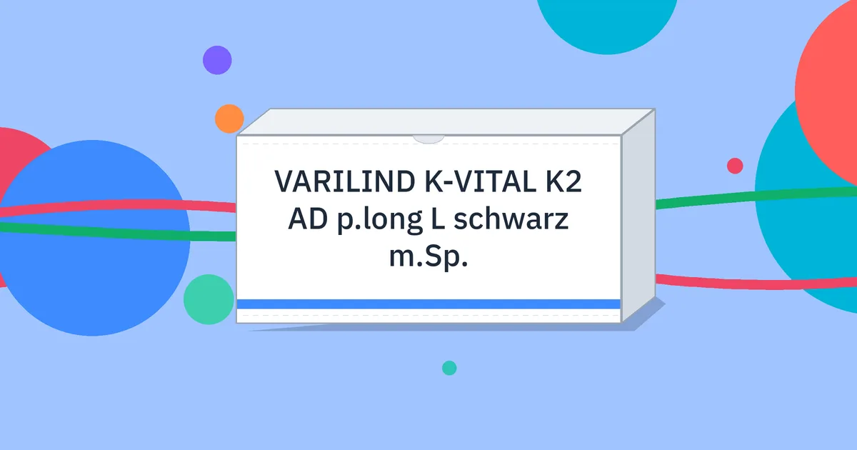 Symbolbild: Packung mit der Aufschrift VARILIND K-VITAL K2 AD p.long L schwarz m.Sp. (PZN 20568292) – Verfügbarkeit und Bezug in Apotheken in Frankfurt am Main