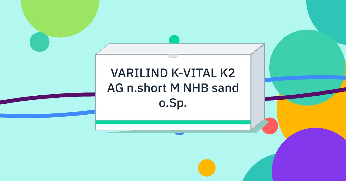 Symbolbild: Packung mit der Aufschrift VARILIND K-VITAL K2 AG n.short M NHB sand o.Sp. (PZN 20564420) – Verfügbarkeit und Bezug in Apotheken in Frankfurt am Main