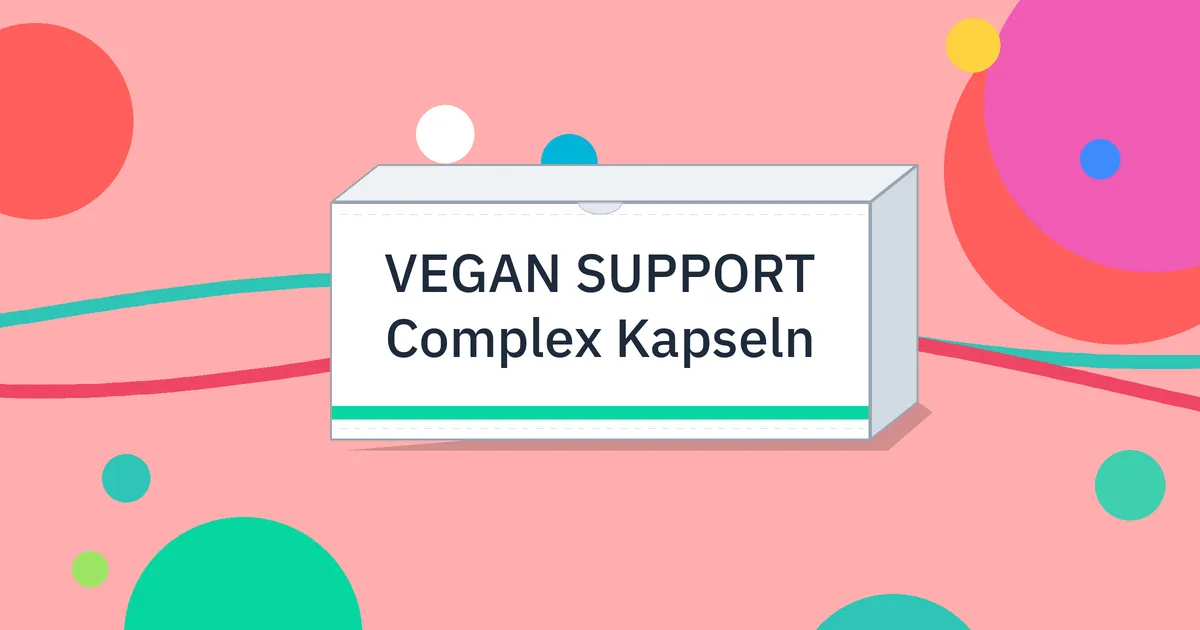 Symbolbild: Packung mit der Aufschrift VEGAN SUPPORT Complex Kapseln (PZN 16923698) – Verfügbarkeit und Bezug in Apotheken in Frankfurt am Main