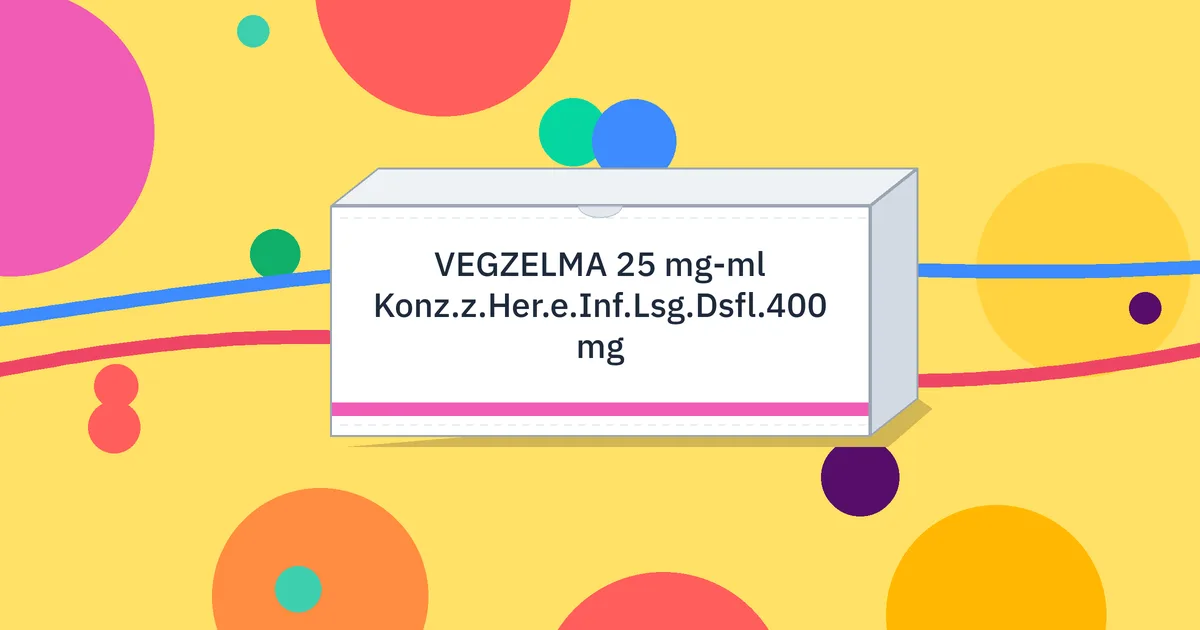 Symbolbild: Packung mit der Aufschrift VEGZELMA 25 mg-ml Konz.z.Her.e.Inf.Lsg.Dsfl.400 mg (PZN 20004891) – Verfügbarkeit und Bezug in Apotheken in Frankfurt am Main