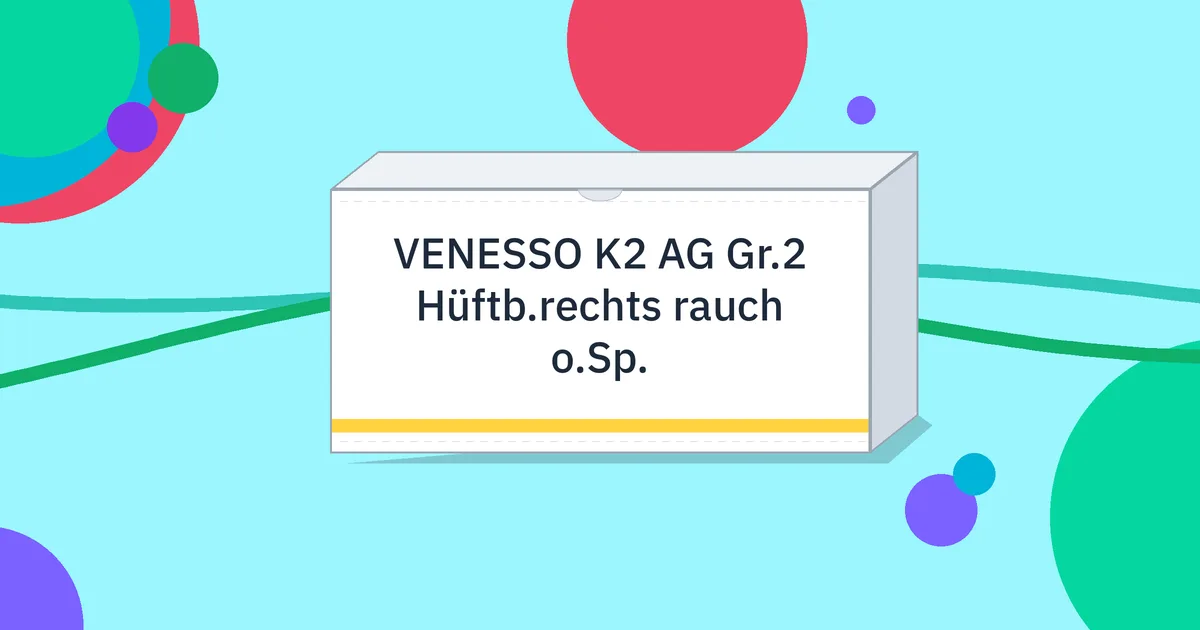 Symbolbild: Packung mit der Aufschrift VENESSO K2 AG Gr.2 Hüftb.rechts rauch o.Sp. (PZN 03271722) – Verfügbarkeit und Bezug in Apotheken in Frankfurt am Main