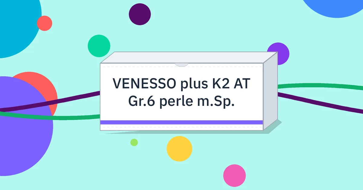 Symbolbild: Packung mit der Aufschrift VENESSO plus K2 AT Gr.6 perle m.Sp. (PZN 03285931) – Verfügbarkeit und Bezug in Apotheken in Frankfurt am Main