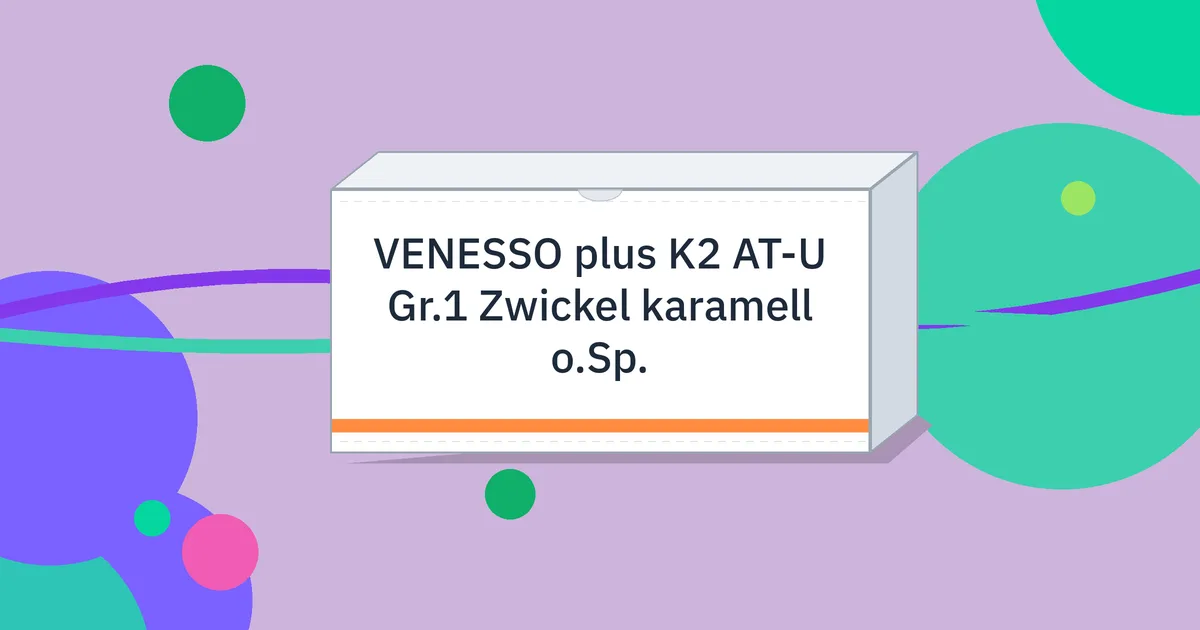 Symbolbild: Packung mit der Aufschrift VENESSO plus K2 AT-U Gr.1 Zwickel karamell o.Sp. (PZN 13759873) – Verfügbarkeit und Bezug in Apotheken in Frankfurt am Main