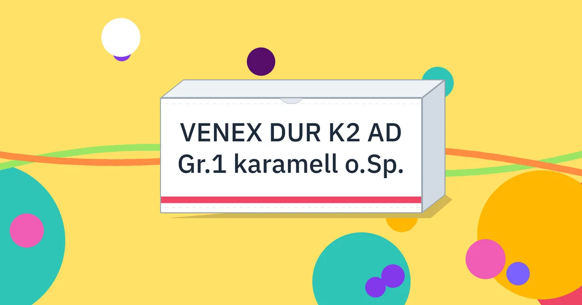 Symbolbild: Packung mit der Aufschrift VENEX DUR K2 AD Gr.1 karamell o.Sp. (PZN 13757420) – Verfügbarkeit und Bezug in Apotheken in Frankfurt am Main