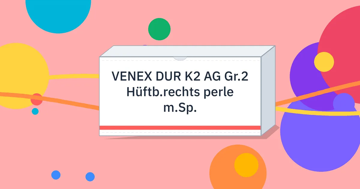 Symbolbild: Packung mit der Aufschrift VENEX DUR K2 AG Gr.2 Hüftb.rechts perle m.Sp. (PZN 03228382) – Verfügbarkeit und Bezug in Apotheken in Frankfurt am Main