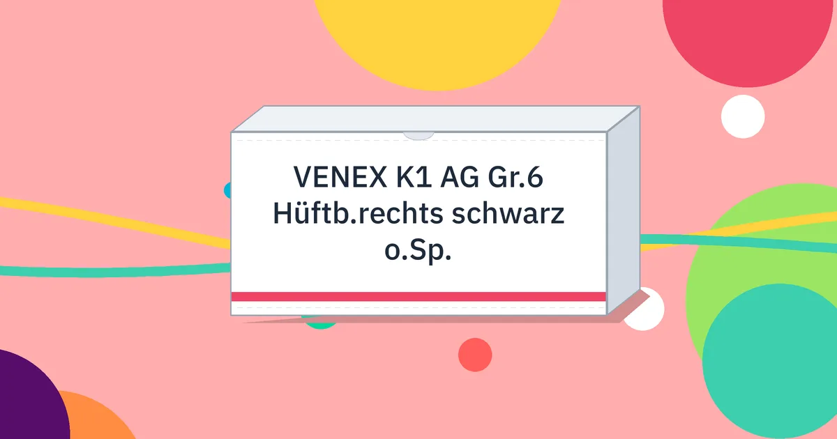 Symbolbild: Packung mit der Aufschrift VENEX K1 AG Gr.6 Hüftb.rechts schwarz o.Sp. (PZN 03208296) – Verfügbarkeit und Bezug in Apotheken in Frankfurt am Main