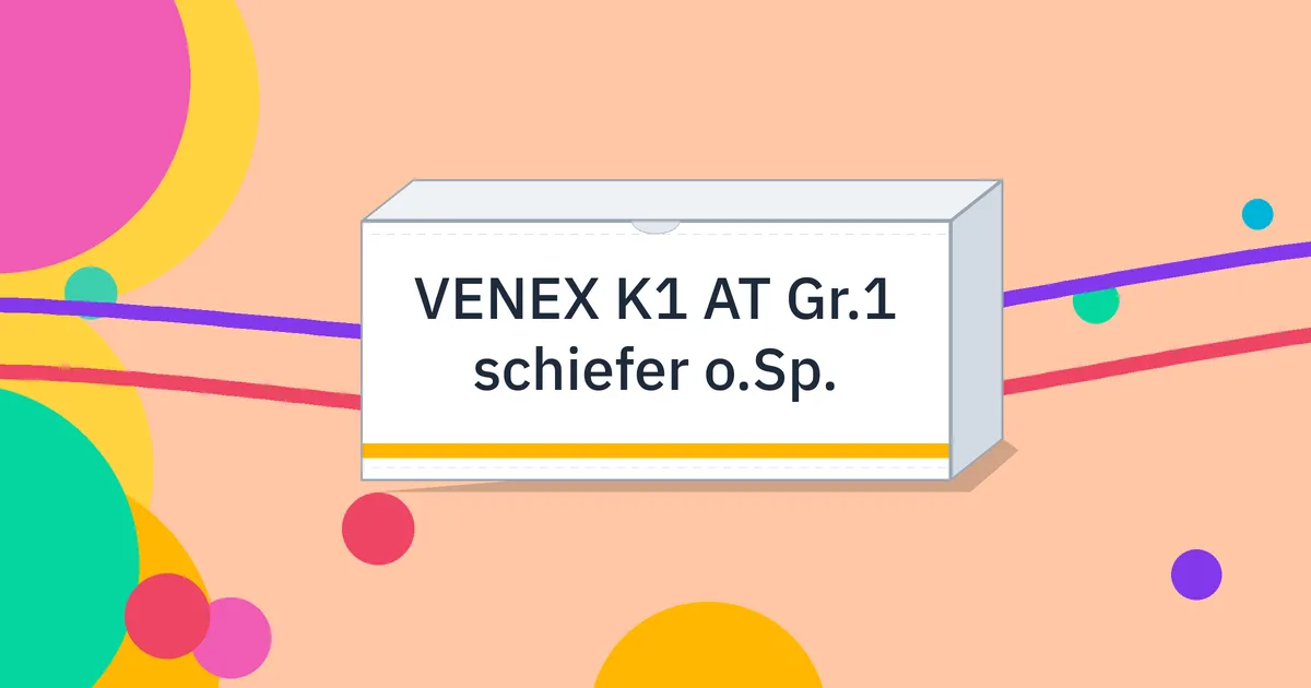 Symbolbild: Packung mit der Aufschrift VENEX K1 AT Gr.1 schiefer o.Sp. (PZN 03198149) – Verfügbarkeit und Bezug in Apotheken in Frankfurt am Main