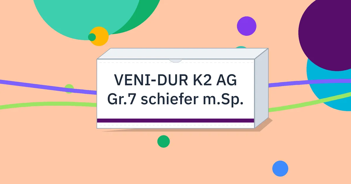 Symbolbild: Packung mit der Aufschrift VENI-DUR K2 AG Gr.7 schiefer m.Sp. (PZN 03245972) – Verfügbarkeit und Bezug in Apotheken in Frankfurt am Main