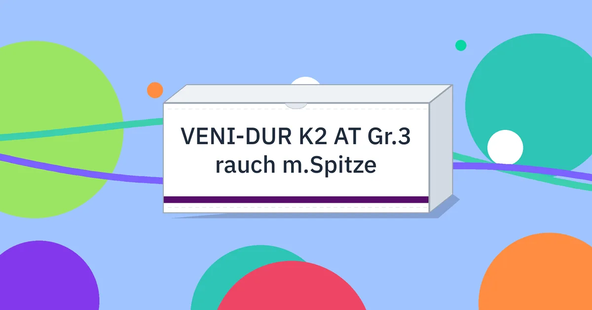 Symbolbild: Packung mit der Aufschrift VENI-DUR K2 AT Gr.3 rauch m.Spitze (PZN 08687798) – Verfügbarkeit und Bezug in Apotheken in Frankfurt am Main
