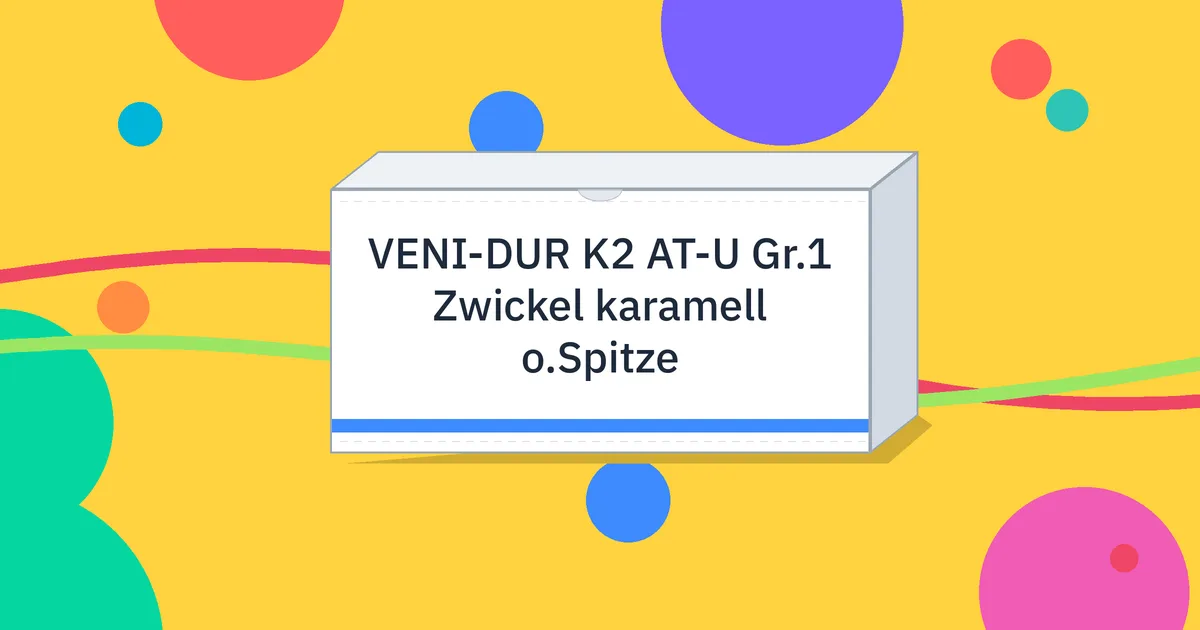 Symbolbild: Packung mit der Aufschrift VENI-DUR K2 AT-U Gr.1 Zwickel karamell o.Spitze (PZN 13758980) – Verfügbarkeit und Bezug in Apotheken in Frankfurt am Main