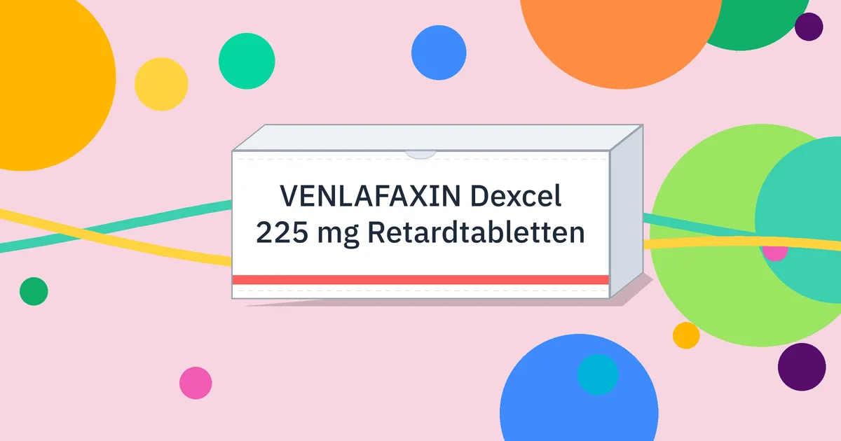 Symbolbild: Packung mit der Aufschrift VENLAFAXIN Dexcel 225 mg Retardtabletten (PZN 09484057) – Verfügbarkeit und Bezug in Apotheken in Frankfurt am Main