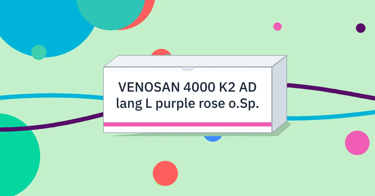 Symbolbild: Packung mit der Aufschrift VENOSAN 4000 K2 AD lang L purple rose o.Sp. (PZN 18847530) – Verfügbarkeit und Bezug in Apotheken in Frankfurt am Main
