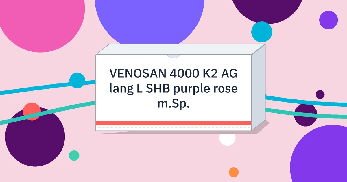 Symbolbild: Packung mit der Aufschrift VENOSAN 4000 K2 AG lang L SHB purple rose m.Sp. (PZN 18847903) – Verfügbarkeit und Bezug in Apotheken in Frankfurt am Main