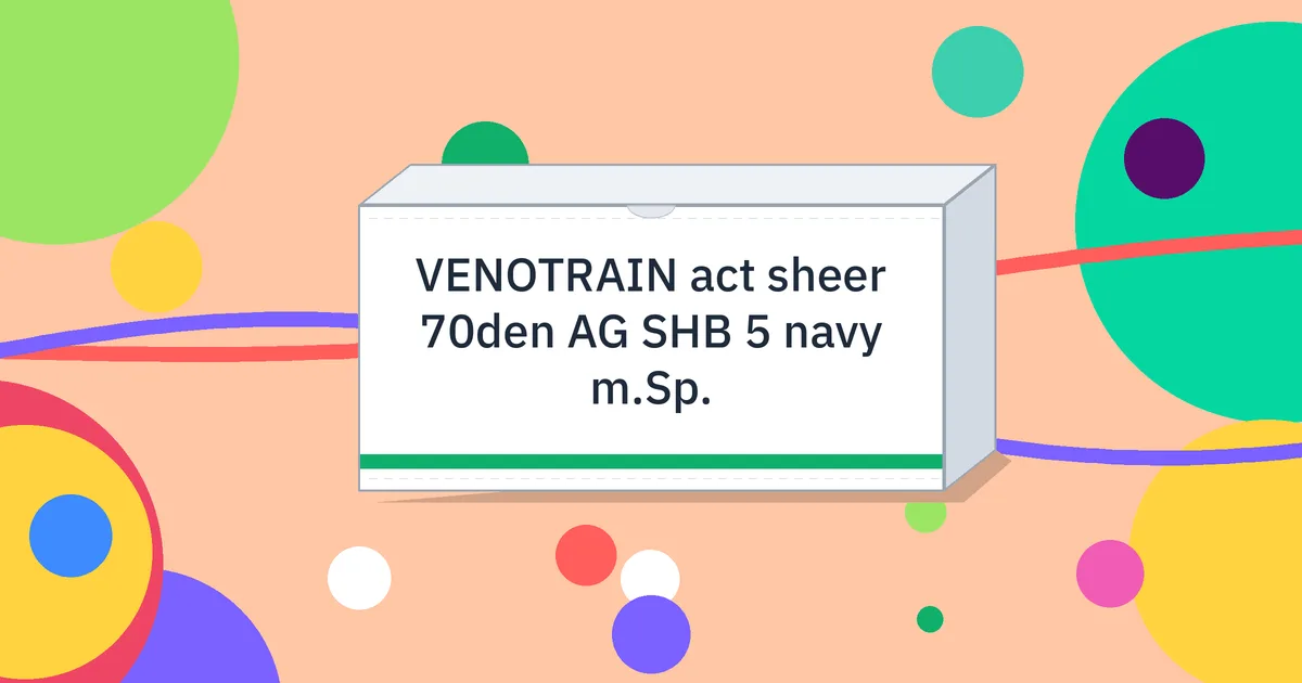 Symbolbild: Packung mit der Aufschrift VENOTRAIN act sheer 70den AG SHB 5 navy m.Sp. (PZN 16207938) – Verfügbarkeit und Bezug in Apotheken in Frankfurt am Main