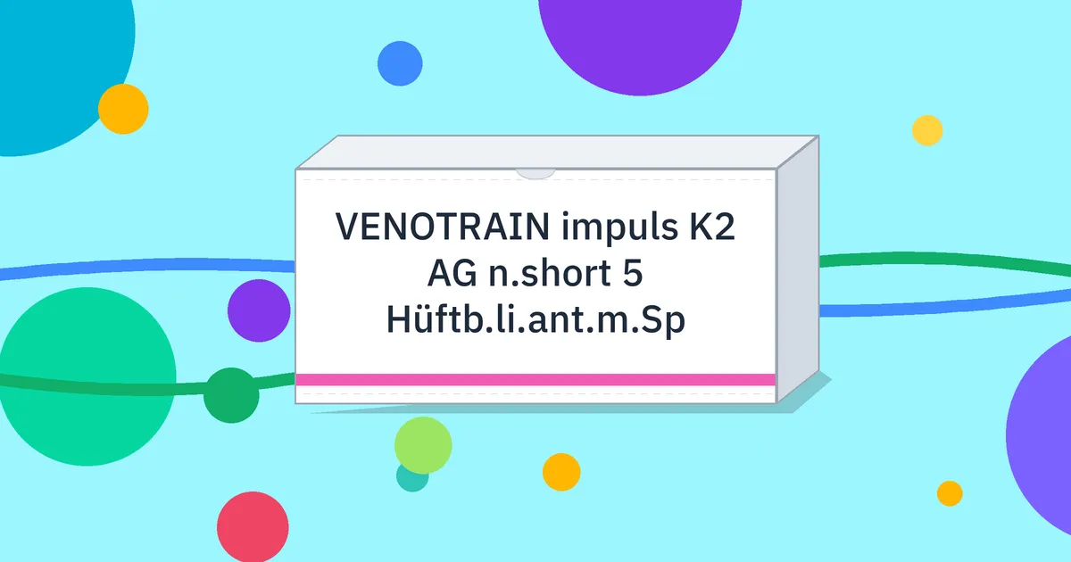 Symbolbild: Packung mit der Aufschrift VENOTRAIN impuls K2 AG n.short 5 Hüftb.li.ant.m.Sp (PZN 15219365) – Verfügbarkeit und Bezug in Apotheken in Frankfurt am Main