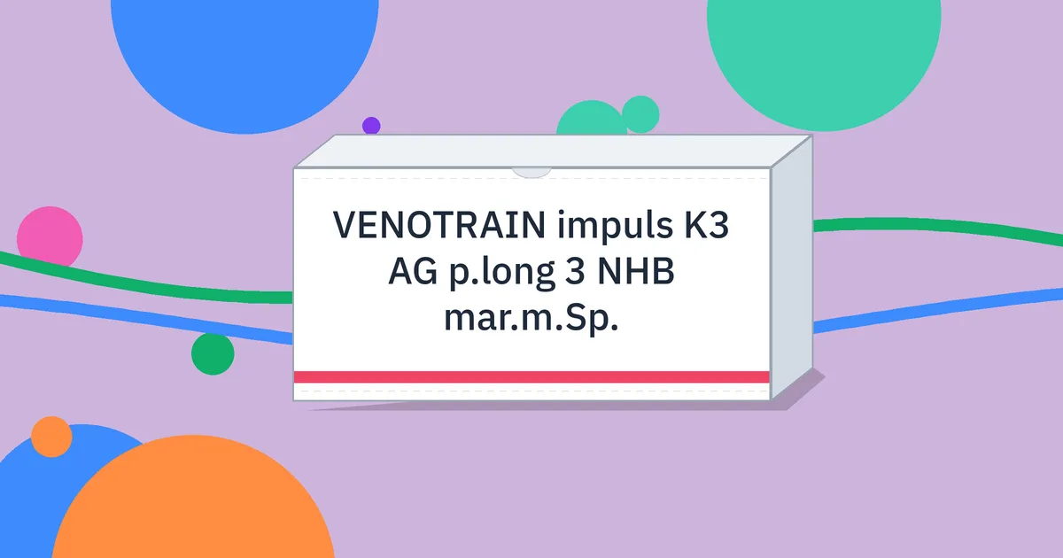 Symbolbild: Packung mit der Aufschrift VENOTRAIN impuls K3 AG p.long 3 NHB mar.m.Sp. (PZN 15215456) – Verfügbarkeit und Bezug in Apotheken in Frankfurt am Main