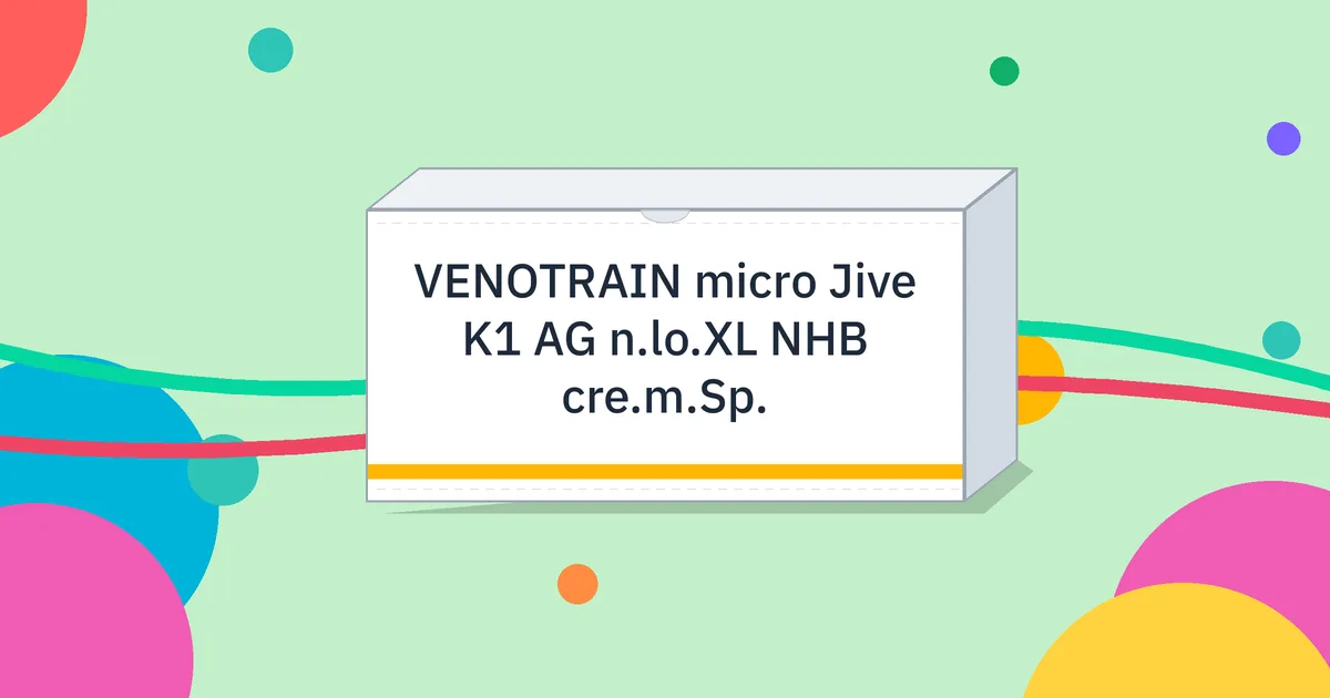 Symbolbild: Packung mit der Aufschrift VENOTRAIN micro Jive K1 AG n.lo.XL NHB cre.m.Sp. (PZN 17763423) – Verfügbarkeit und Bezug in Apotheken in Frankfurt am Main