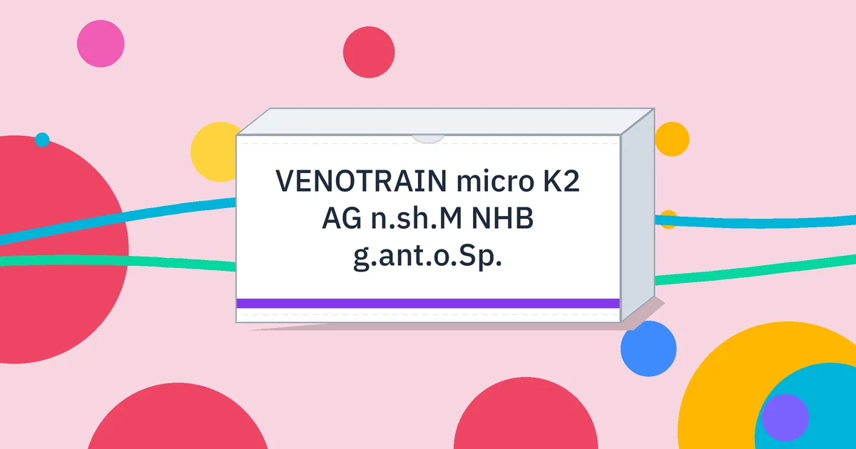 Symbolbild: Packung mit der Aufschrift VENOTRAIN micro K2 AG n.sh.M NHB g.ant.o.Sp. (PZN 11062636) – Verfügbarkeit und Bezug in Apotheken in Frankfurt am Main