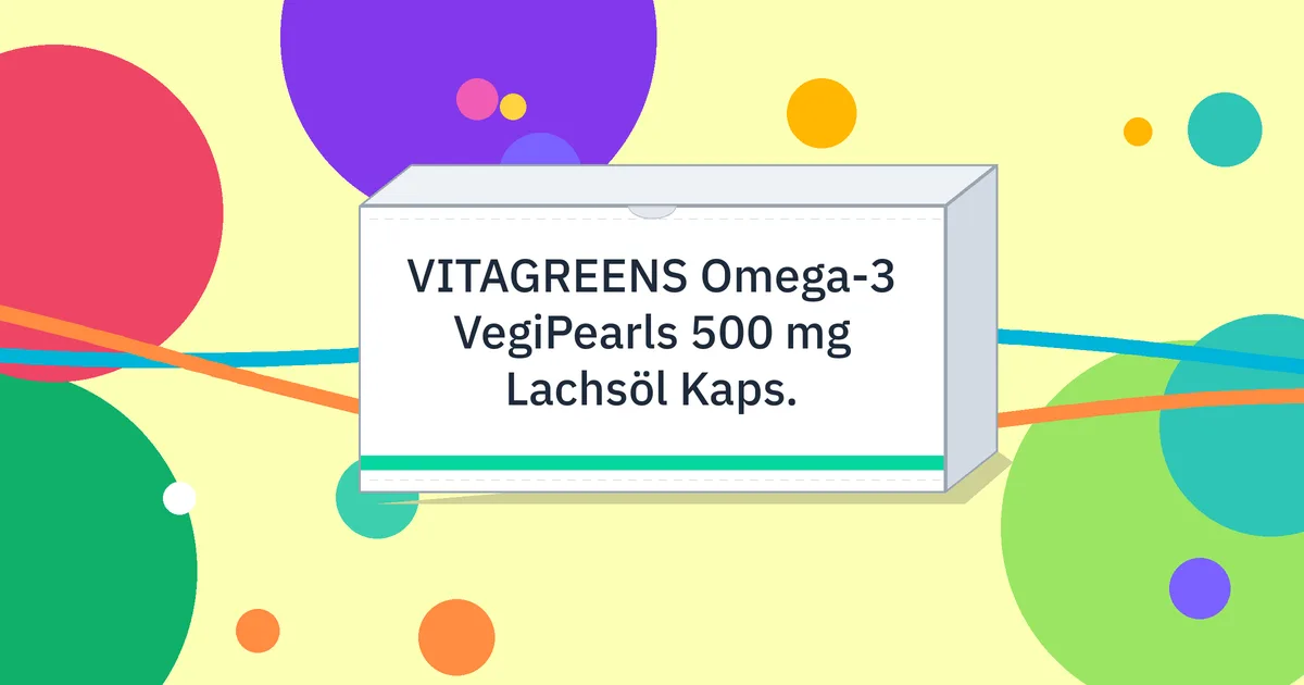 Symbolbild: Packung mit der Aufschrift VITAGREENS Omega-3 VegiPearls 500 mg Lachsöl Kaps. (PZN 00607469) – Verfügbarkeit und Bezug in Apotheken in Frankfurt am Main