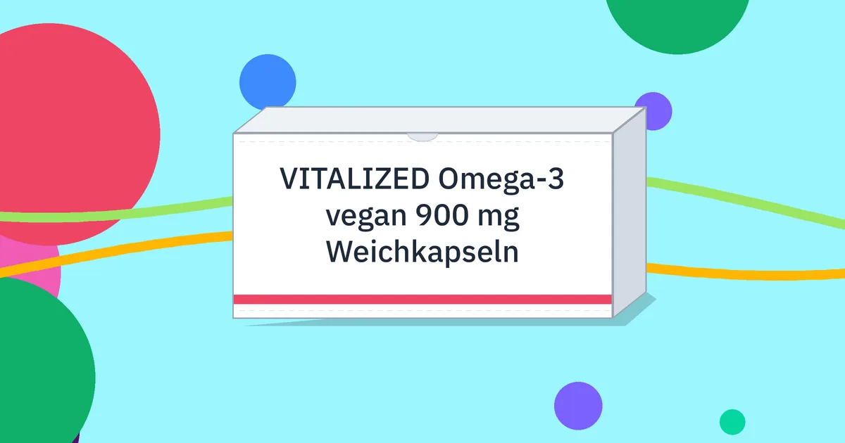 Symbolbild: Packung mit der Aufschrift VITALIZED Omega-3 vegan 900 mg Weichkapseln (PZN 19636864) – Verfügbarkeit und Bezug in Apotheken in Frankfurt am Main