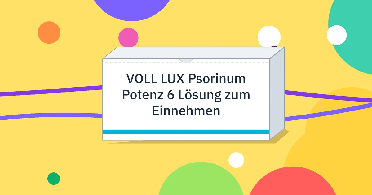 Symbolbild: Packung mit der Aufschrift VOLL LUX Psorinum Potenz 6 Lösung zum Einnehmen (PZN 12390845) – Verfügbarkeit und Bezug in Apotheken in Frankfurt am Main