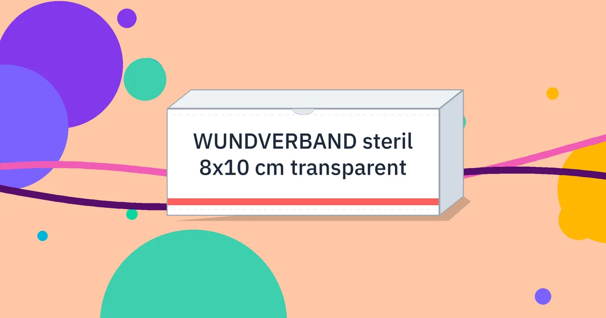 Symbolbild: Packung mit der Aufschrift WUNDVERBAND steril 8x10 cm transparent (PZN 19813645) – Verfügbarkeit und Bezug in Apotheken in Frankfurt am Main