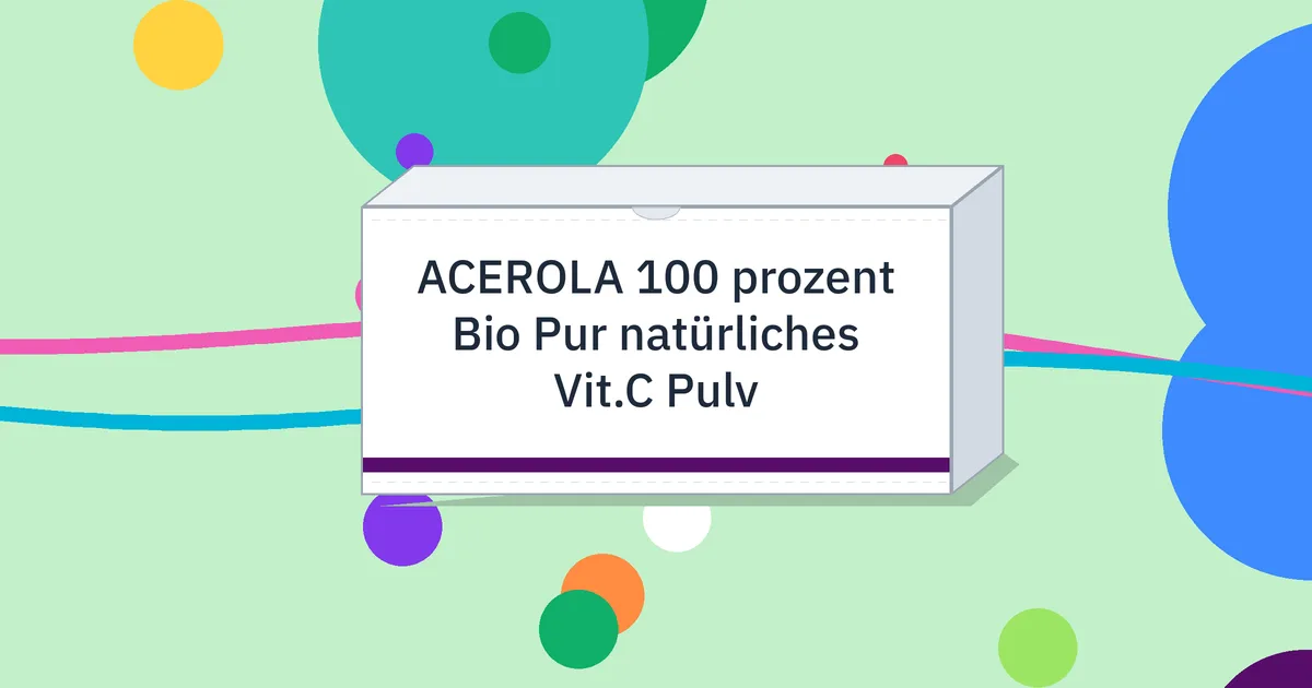 Symbolbild: Packung mit der Aufschrift ACEROLA 100 prozent Bio Pur natürliches Vit.C Pulv (PZN 06632592) – Verfügbarkeit und Bezug in Apotheken in Frankfurt am Main