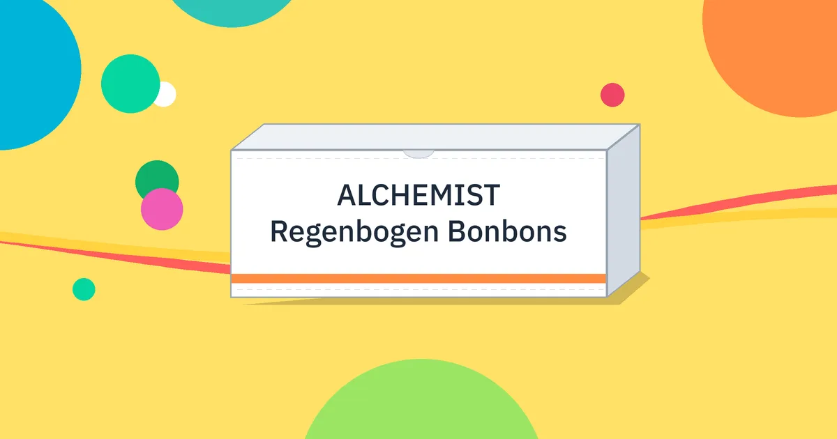Symbolbild: Packung mit der Aufschrift ALCHEMIST Regenbogen Bonbons (PZN 11531172) – Verfügbarkeit und Bezug in Apotheken in Frankfurt am Main