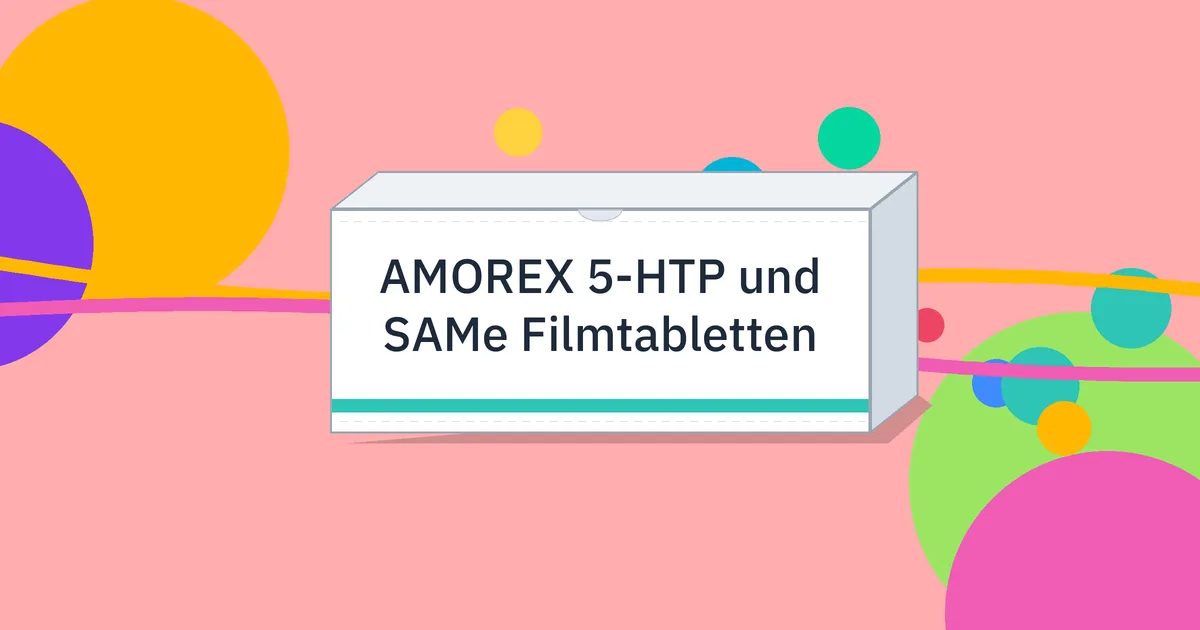 Symbolbild: Packung mit der Aufschrift AMOREX 5-HTP und SAMe Filmtabletten (PZN 16202875) – Verfügbarkeit und Bezug in Apotheken in Frankfurt am Main