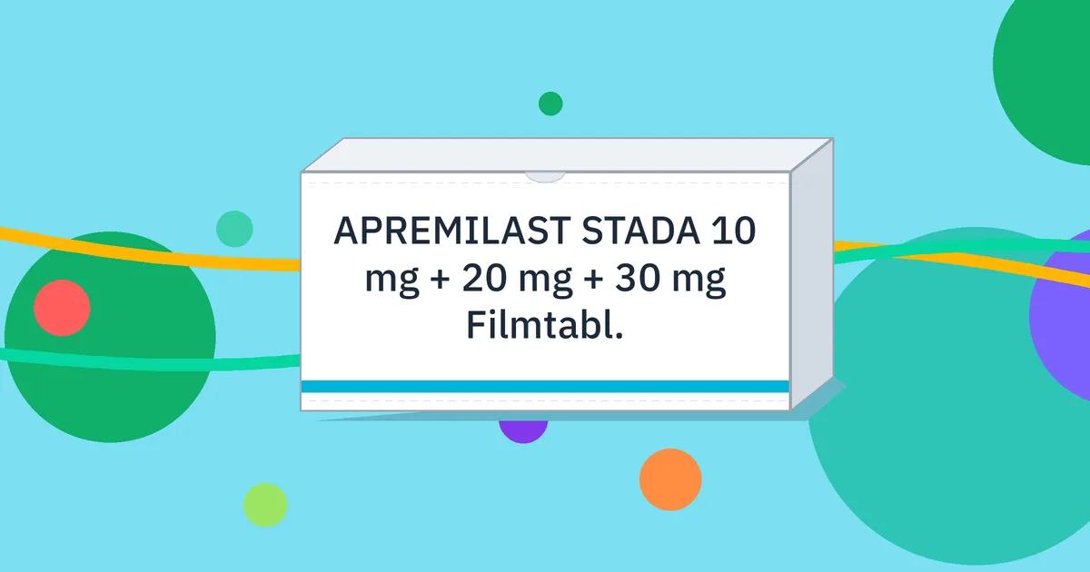Symbolbild: Packung mit der Aufschrift APREMILAST STADA 10 mg + 20 mg + 30 mg Filmtabl. (PZN 19495352) – Verfügbarkeit und Bezug in Apotheken in Frankfurt am Main