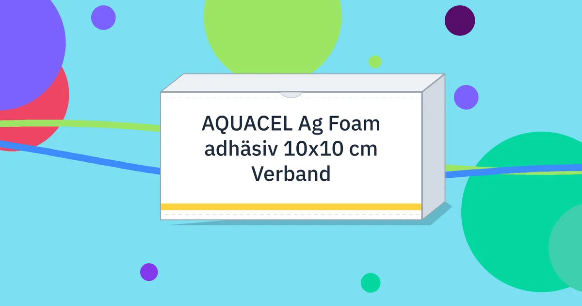 Symbolbild: Packung mit der Aufschrift AQUACEL Ag Foam adhäsiv 10x10 cm Verband (PZN 18126084) – Verfügbarkeit und Bezug in Apotheken in Frankfurt am Main