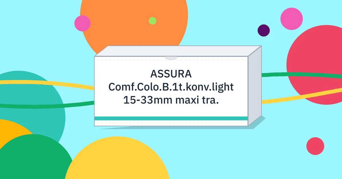 Symbolbild: Packung mit der Aufschrift ASSURA Comf.Colo.B.1t.konv.light 15-33mm maxi tra. (PZN 04011650) – Verfügbarkeit und Bezug in Apotheken in Frankfurt am Main