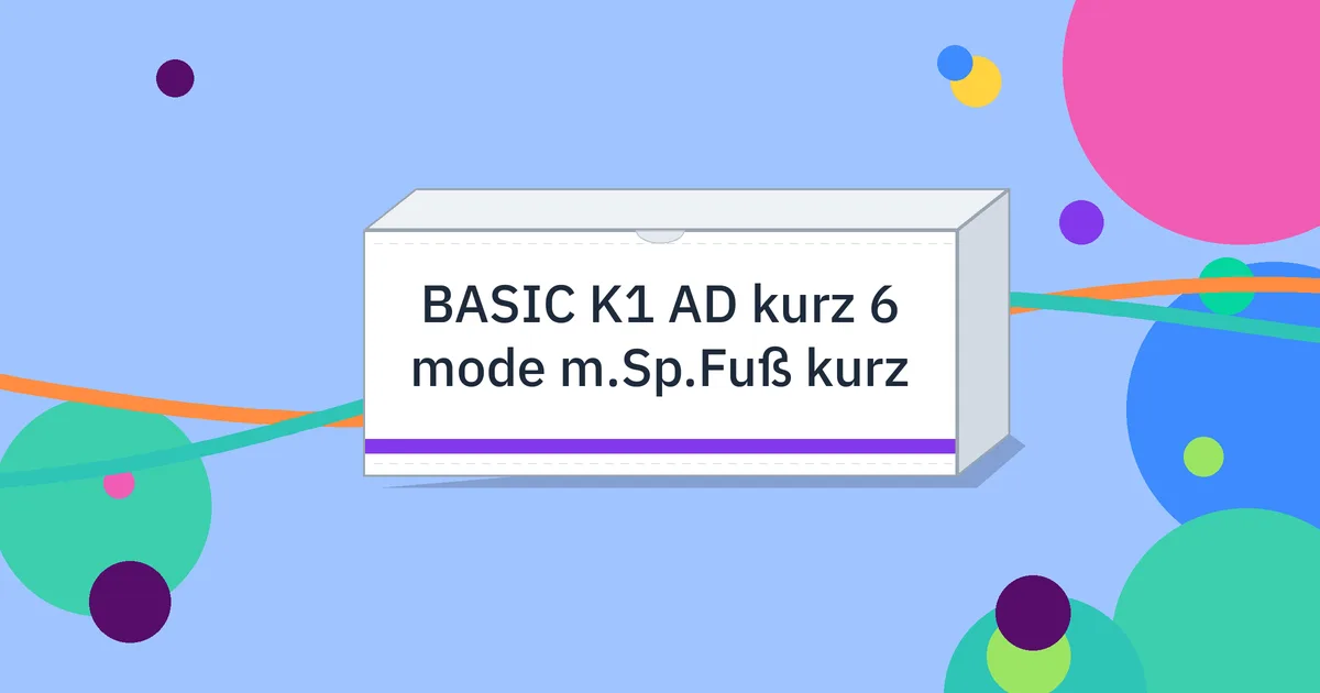 Symbolbild: Packung mit der Aufschrift BASIC K1 AD kurz 6 mode m.Sp.Fuß kurz (PZN 20259384) – Verfügbarkeit und Bezug in Apotheken in Frankfurt am Main