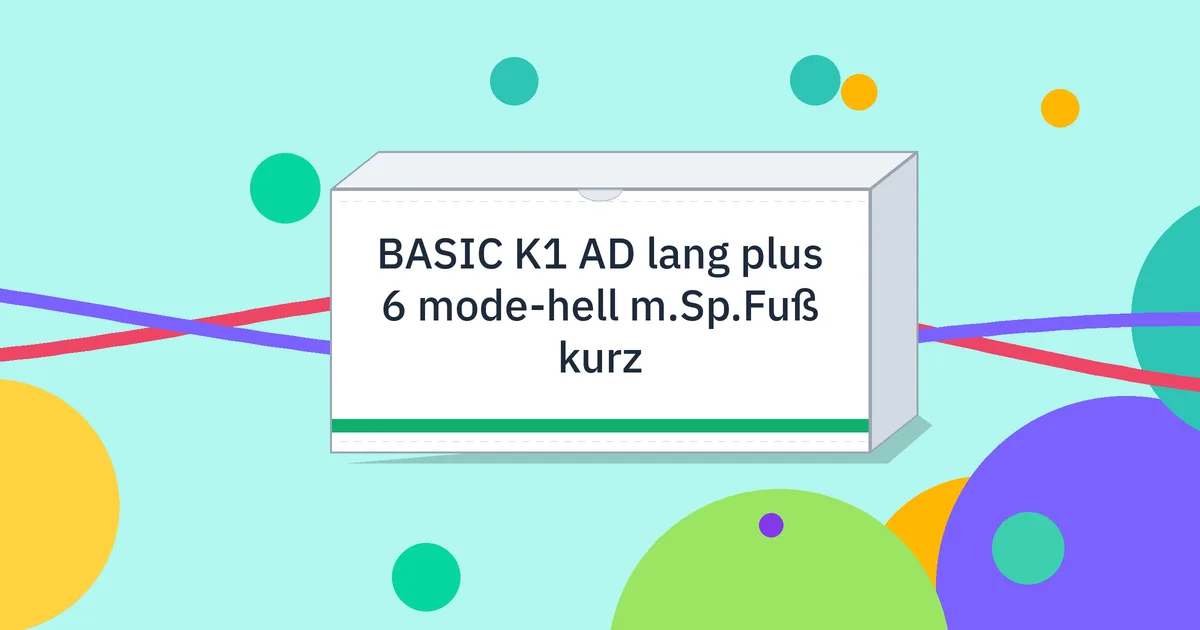 Symbolbild: Packung mit der Aufschrift BASIC K1 AD lang plus 6 mode-hell m.Sp.Fuß kurz (PZN 20259272) – Verfügbarkeit und Bezug in Apotheken in Frankfurt am Main