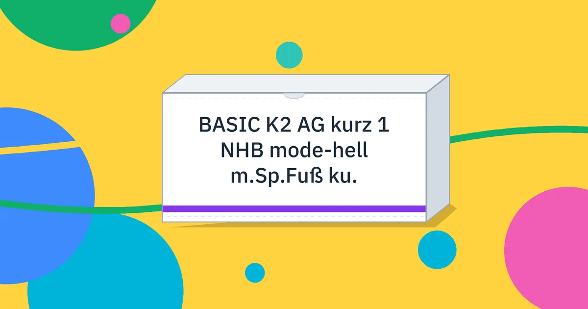 Symbolbild: Packung mit der Aufschrift BASIC K2 AG kurz 1 NHB mode-hell m.Sp.Fuß ku. (PZN 20266214) – Verfügbarkeit und Bezug in Apotheken in Frankfurt am Main