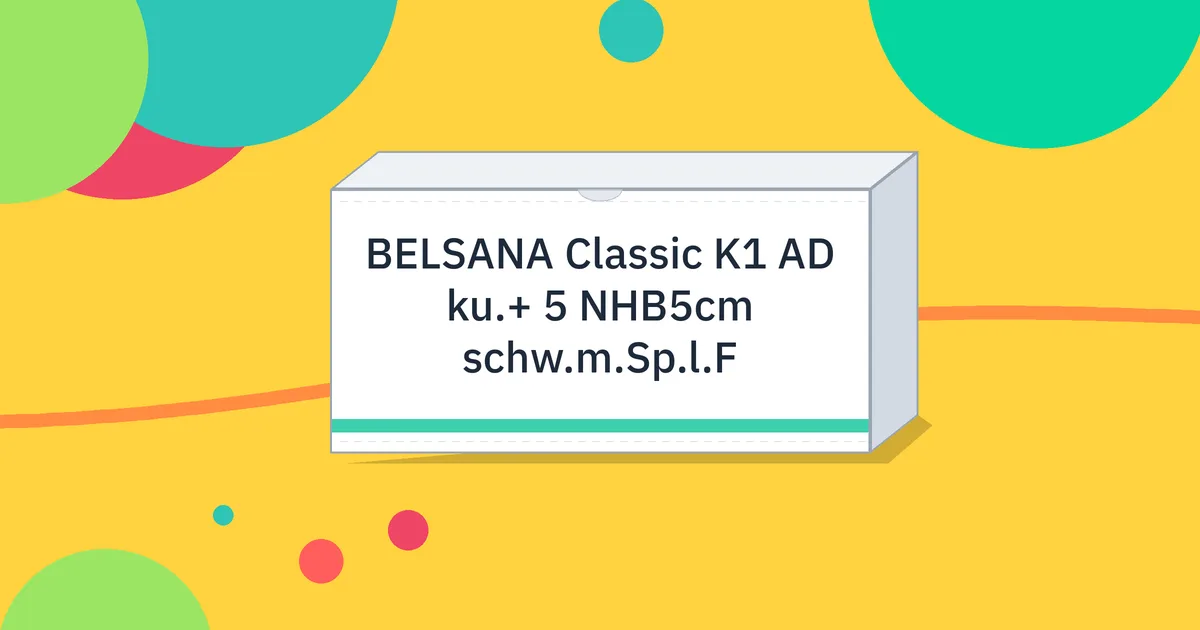 Symbolbild: Packung mit der Aufschrift BELSANA Classic K1 AD ku.+ 5 NHB5cm schw.m.Sp.l.F (PZN 19256558) – Verfügbarkeit und Bezug in Apotheken in Frankfurt am Main
