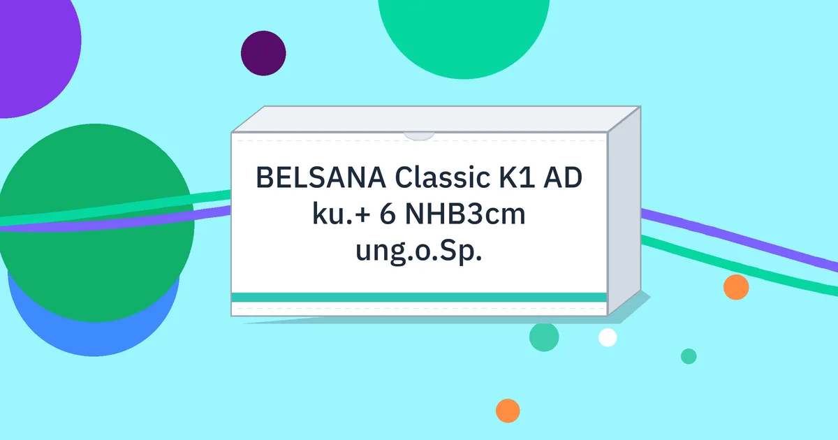 Symbolbild: Packung mit der Aufschrift BELSANA Classic K1 AD ku.+ 6 NHB3cm ung.o.Sp. (PZN 19257517) – Verfügbarkeit und Bezug in Apotheken in Frankfurt am Main