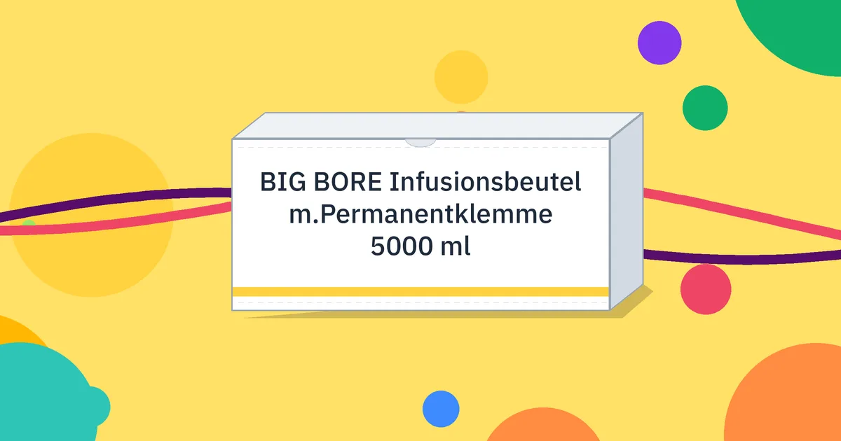 Symbolbild: Packung mit der Aufschrift BIG BORE Infusionsbeutel m.Permanentklemme 5000 ml (PZN 10749472) – Verfügbarkeit und Bezug in Apotheken in Frankfurt am Main