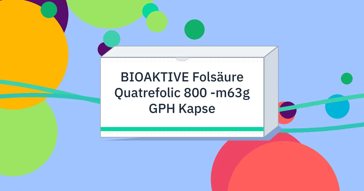 Symbolbild: Packung mit der Aufschrift BIOAKTIVE Folsäure Quatrefolic 800 -m63g GPH Kapse (PZN 18310422) – Verfügbarkeit und Bezug in Apotheken in Frankfurt am Main
