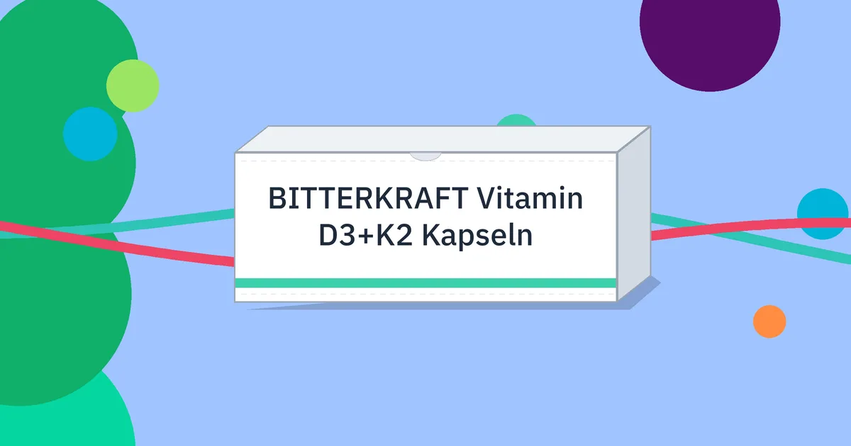 Symbolbild: Packung mit der Aufschrift BITTERKRAFT Vitamin D3+K2 Kapseln (PZN 19871565) – Verfügbarkeit und Bezug in Apotheken in Frankfurt am Main
