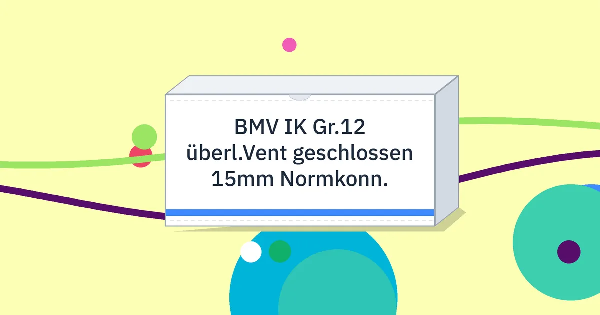 Symbolbild: Packung mit der Aufschrift BMV IK Gr.12 überl.Vent geschlossen 15mm Normkonn. (PZN 18381480) – Verfügbarkeit und Bezug in Apotheken in Frankfurt am Main