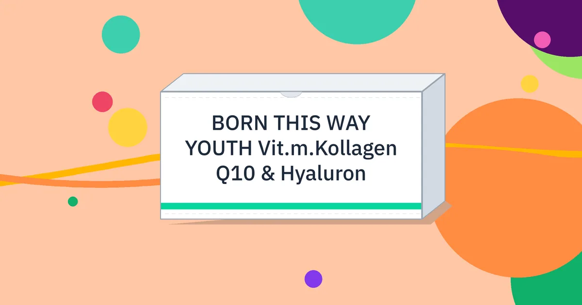 Symbolbild: Packung mit der Aufschrift BORN THIS WAY YOUTH Vit.m.Kollagen Q10 & Hyaluron (PZN 18039652) – Verfügbarkeit und Bezug in Apotheken in Frankfurt am Main