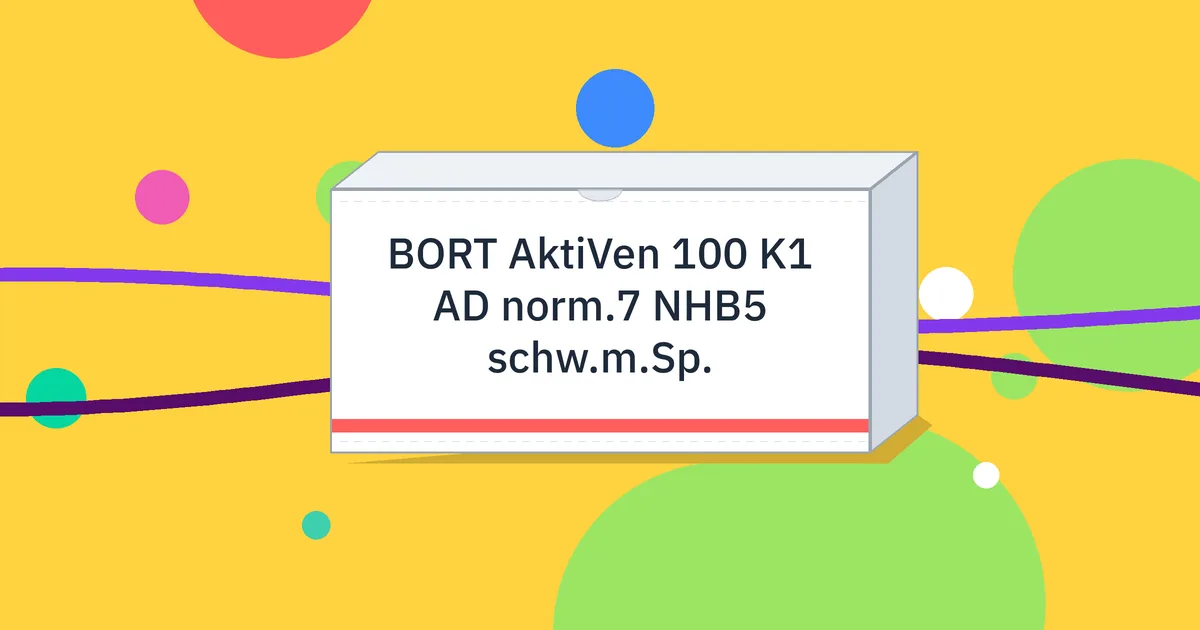 Symbolbild: Packung mit der Aufschrift BORT AktiVen 100 K1 AD norm.7 NHB5 schw.m.Sp. (PZN 17497424) – Verfügbarkeit und Bezug in Apotheken in Frankfurt am Main