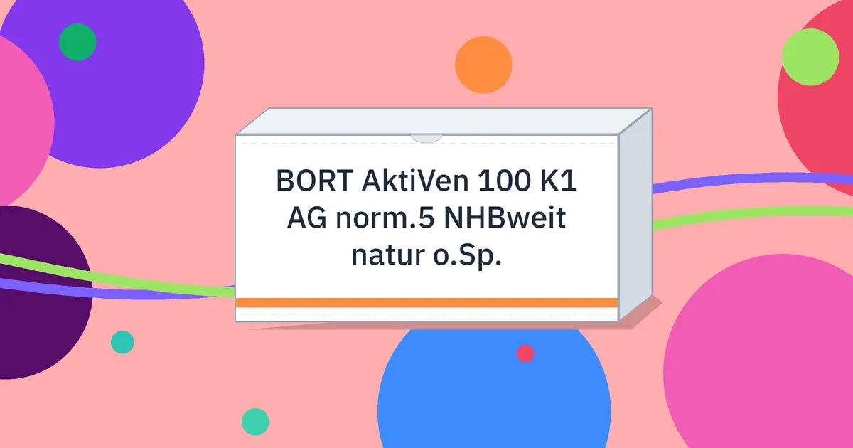 Symbolbild: Packung mit der Aufschrift BORT AktiVen 100 K1 AG norm.5 NHBweit natur o.Sp. (PZN 13729464) – Verfügbarkeit und Bezug in Apotheken in Frankfurt am Main