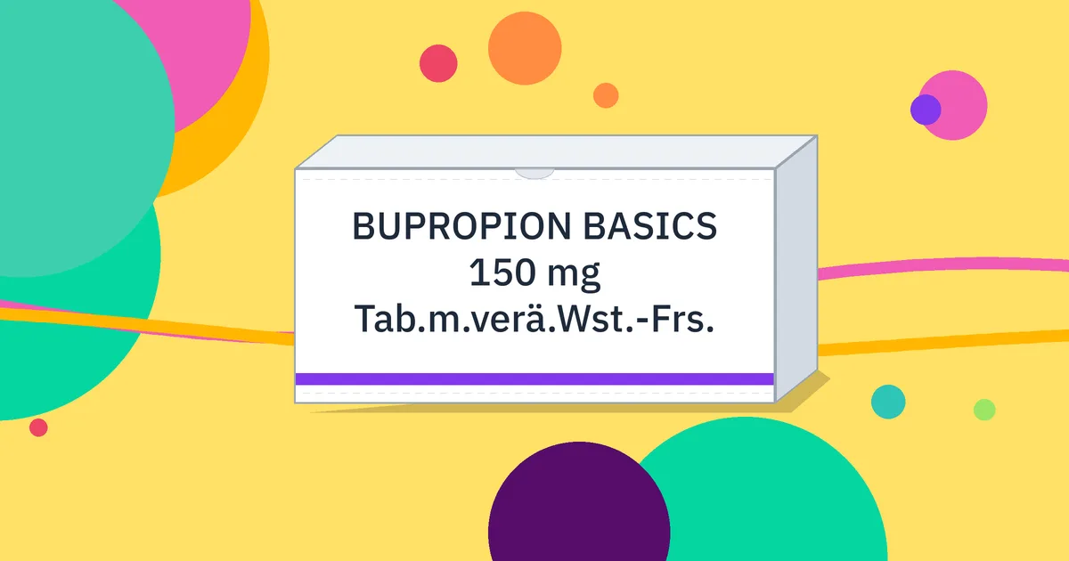 Symbolbild: Packung mit der Aufschrift BUPROPION BASICS 150 mg Tab.m.verä.Wst.-Frs. (PZN 19739802) – Verfügbarkeit und Bezug in Apotheken in Frankfurt am Main